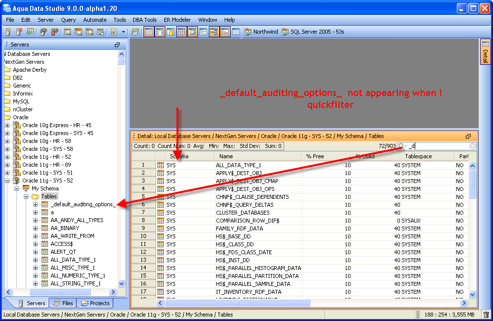 Detail View Not Displaying List Of Tables For Oracle G Sys