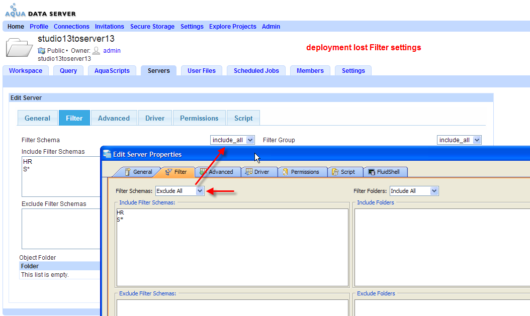 #2886: Oracle 9i - deployment not keeping my Filter tab settings of my registered server from ...